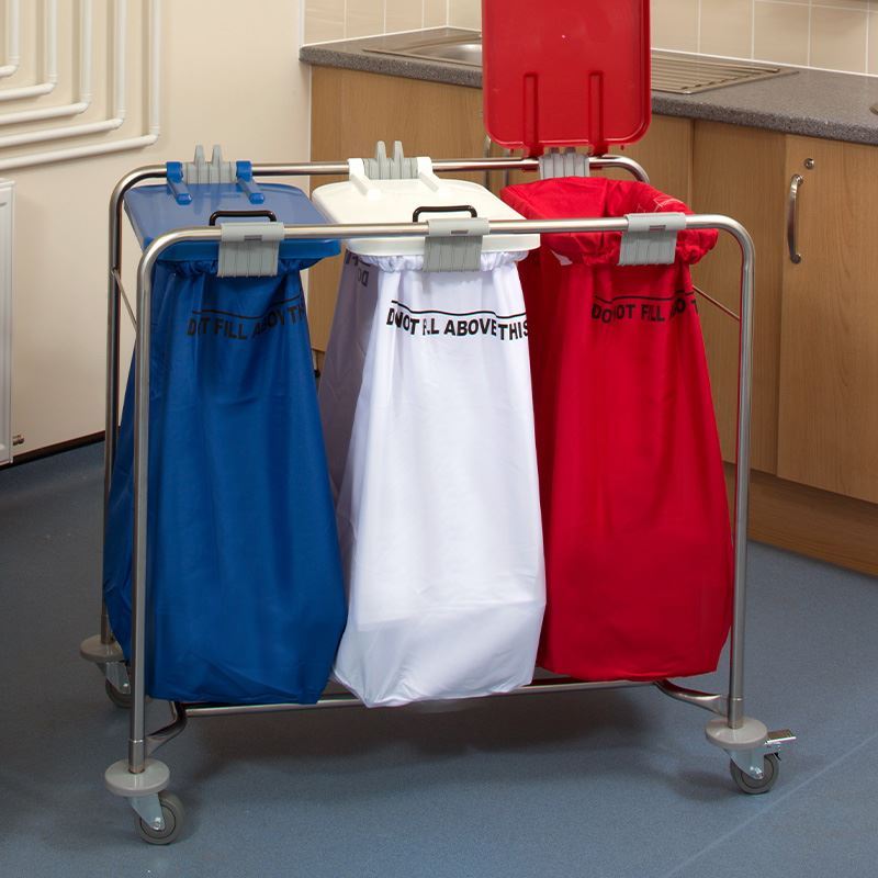 Medi-Carts - 3 Bag Laundry Trolley with White, Red & Blue Lid. Healthcare